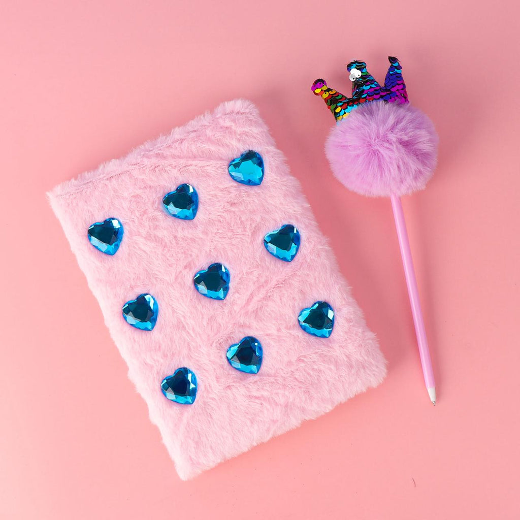Blue Cute Crystal Heart Plush Notebook – pinkpops.pk