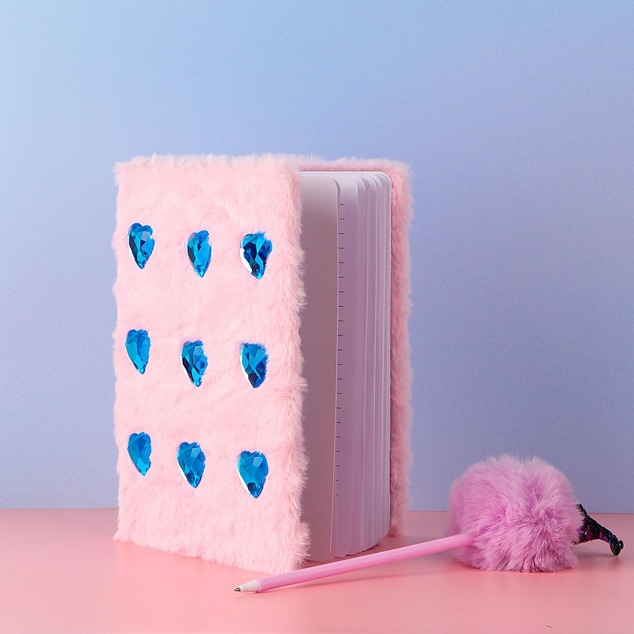 Blue Cute Crystal Heart Plush Notebook – pinkpops.pk